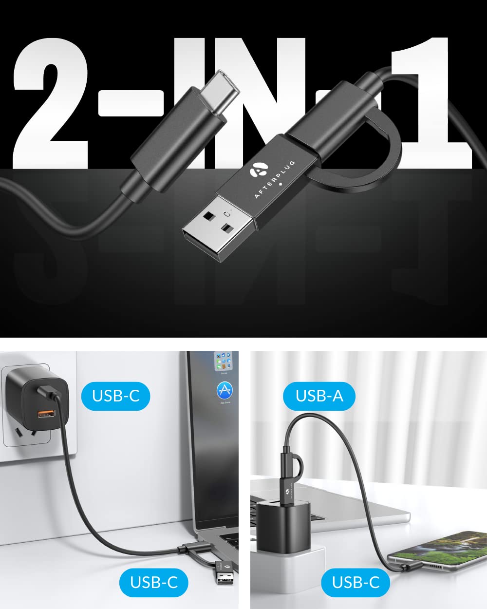 Afterplug 2-in-1 USB C to USB C/A Cable (1ft), USB3 10Gbps & 60W PD Charger Cord for iPhone 15 & 16 Series, MacBook, iPad, Samsung S24 S23 S22, Power Bank