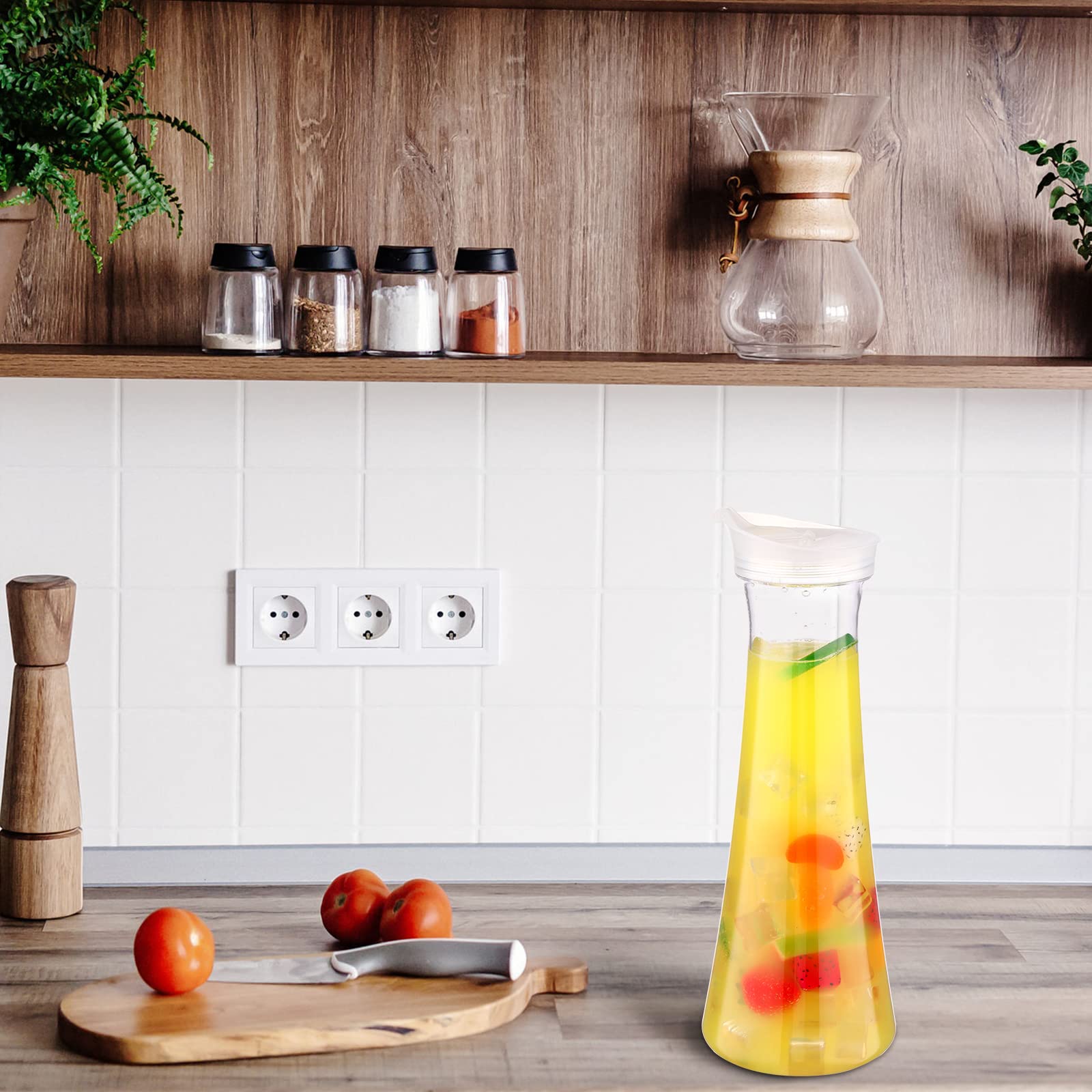 12 Pcs Water Carafe with Flip Tab Lid 34oz Clear Plastic Water Juice Pitcher Heavy Duty Drink Containers Jugs for Fridge for Mimosa Bar, Brunch, Cold Water, Juice, Wine, Milk, Iced Tea, Lemonade