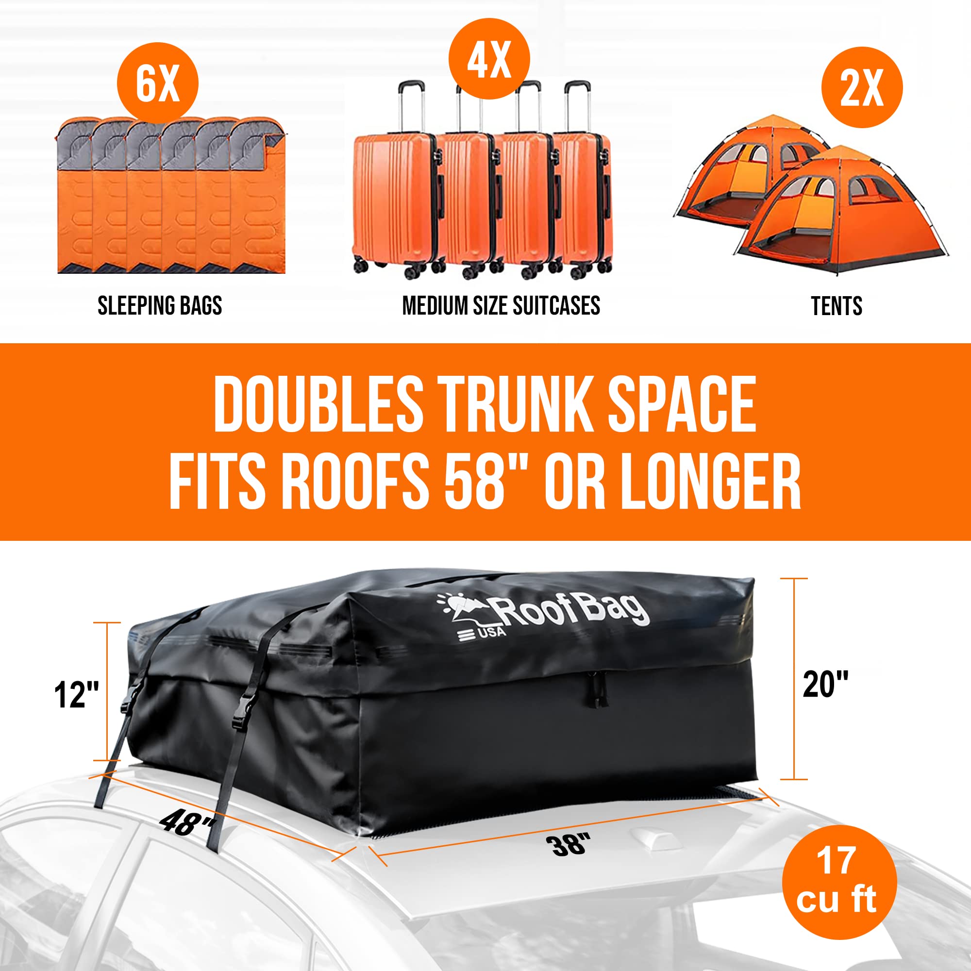 17 Cubic Waterproof RoofBag Car Rooftop Cargo with Strong Straps + Storage Bag + 3 Duffle Bags