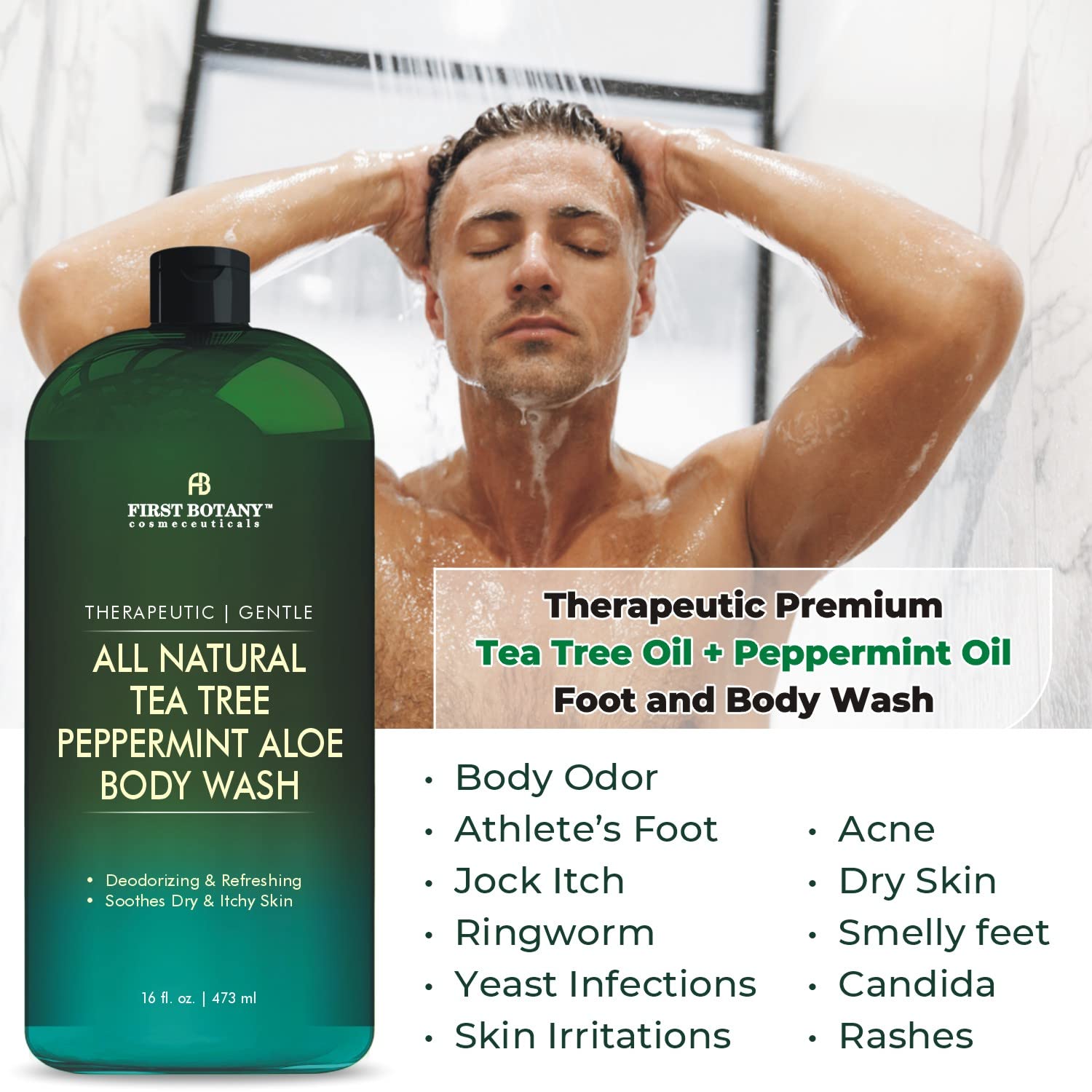 First Botany, ALL Natural Body Wash - Fights Body Odor, Athlete’s Foot, Jock Itch, Nail Issues, Dandruff, Acne, Eczema, Shower Gel for Women & Men, Skin Cleanser -16 fl oz (Tea Tree Mint)