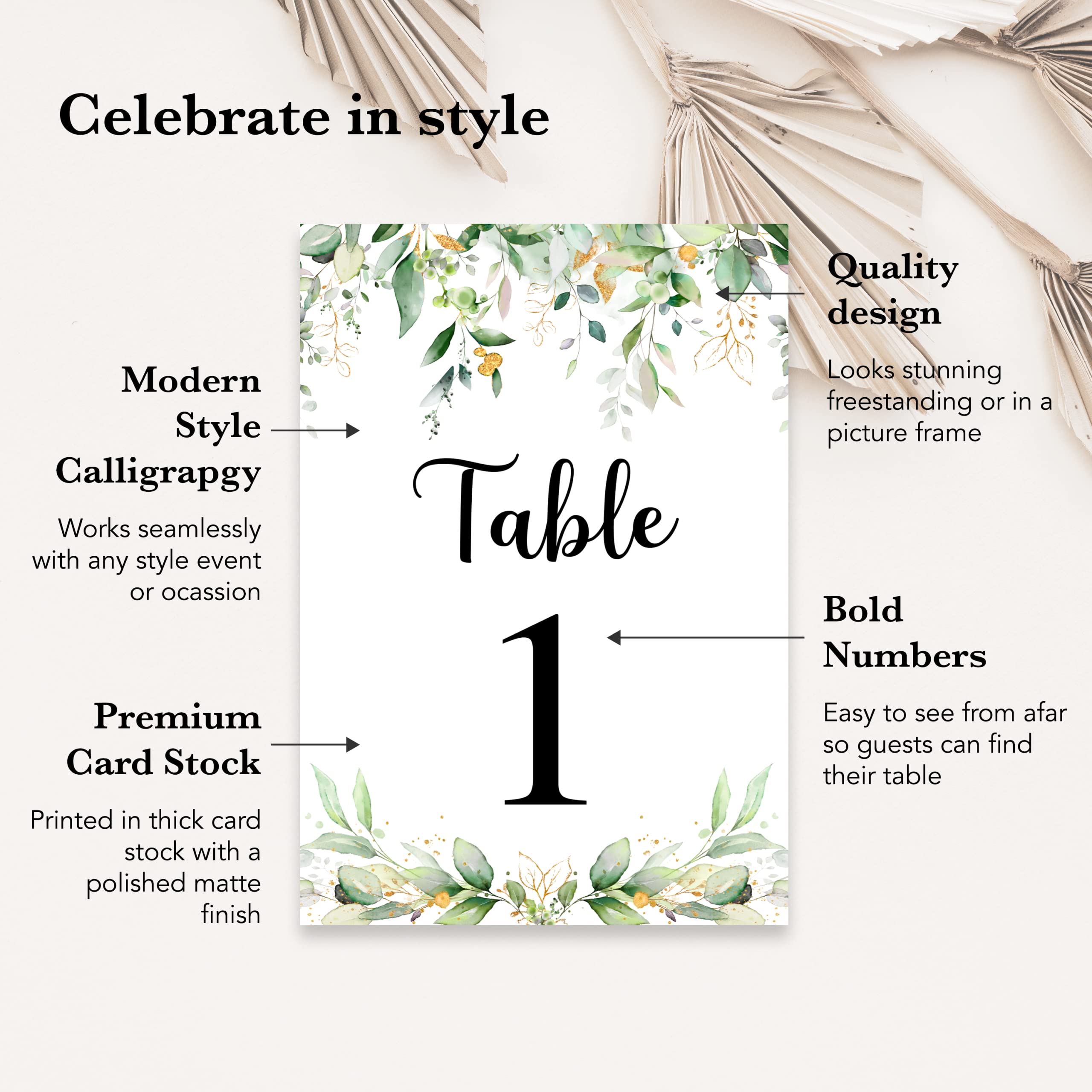 25 Pcs Effortless Events Wedding Table Numbers, 4x6 in Table Numbers for Wedding Reception 1-25, Gold & Greenery Eucalyptus Design for Rustic Weddings, Receptions, Parties, & Events