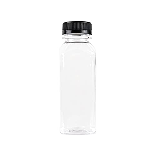 PLASTICPRO Clear plastic Empty Juice Reusable Bottles With Black Tamper Evident Lids for Juice, Smoothie, Shakes, 8 ounce Pack of 14