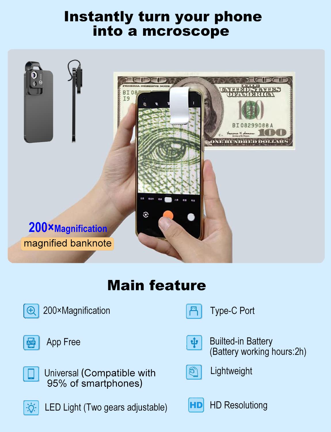 200X Phone Microscope with LED Light, Microscope with Universal Phone Clip Compatible with iPhone/Andriod Phone,The Best Portable Microscope to Enjoy Microworld for Kids and Adults. (White)