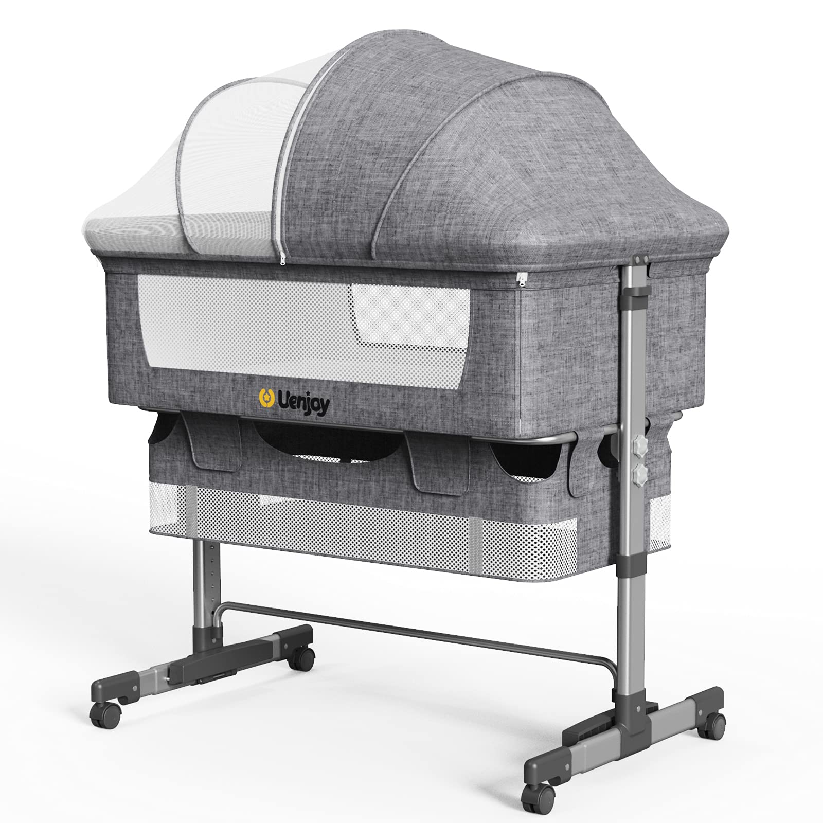 Uenjoy Baby Bassinet, Bedside Sleeper,Foldable Baby Bed to Bed, Adjustable Portable Bed for Infant/Baby/Newborn,with Mosquito Nets, Large Storage Bag, Comfortable Mattresses, Lockable Wheels,Gray