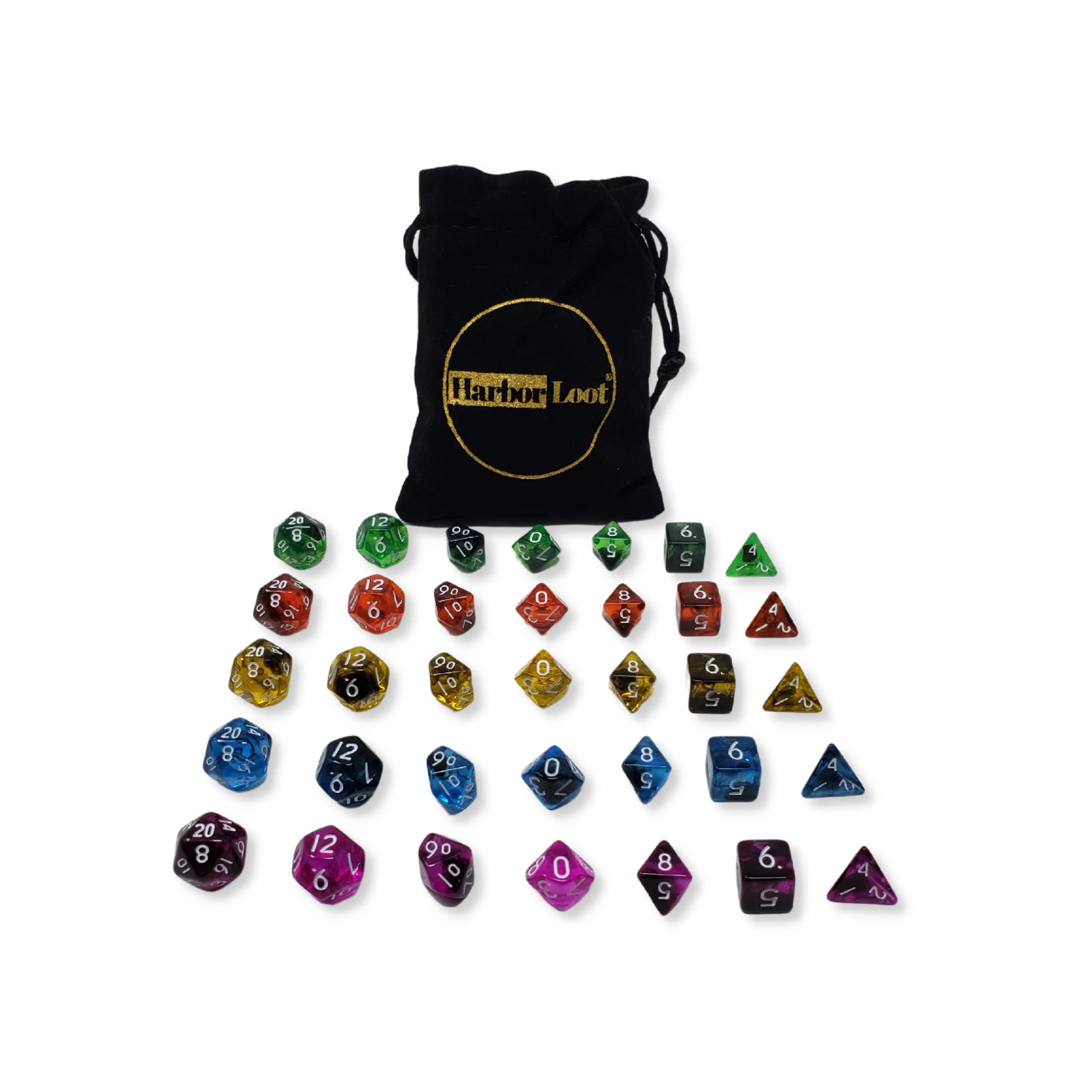 35 Piece Tiny Sized Miniauture Dice Includes 5 RPG Dice Sets in Red, Green, Yellow, Purple and Blue. 7-pc Polyhedral Dice Sets Include D20 dice, D12 dice, 2D10 dice, D8 dice, D6 dice & D4 dice