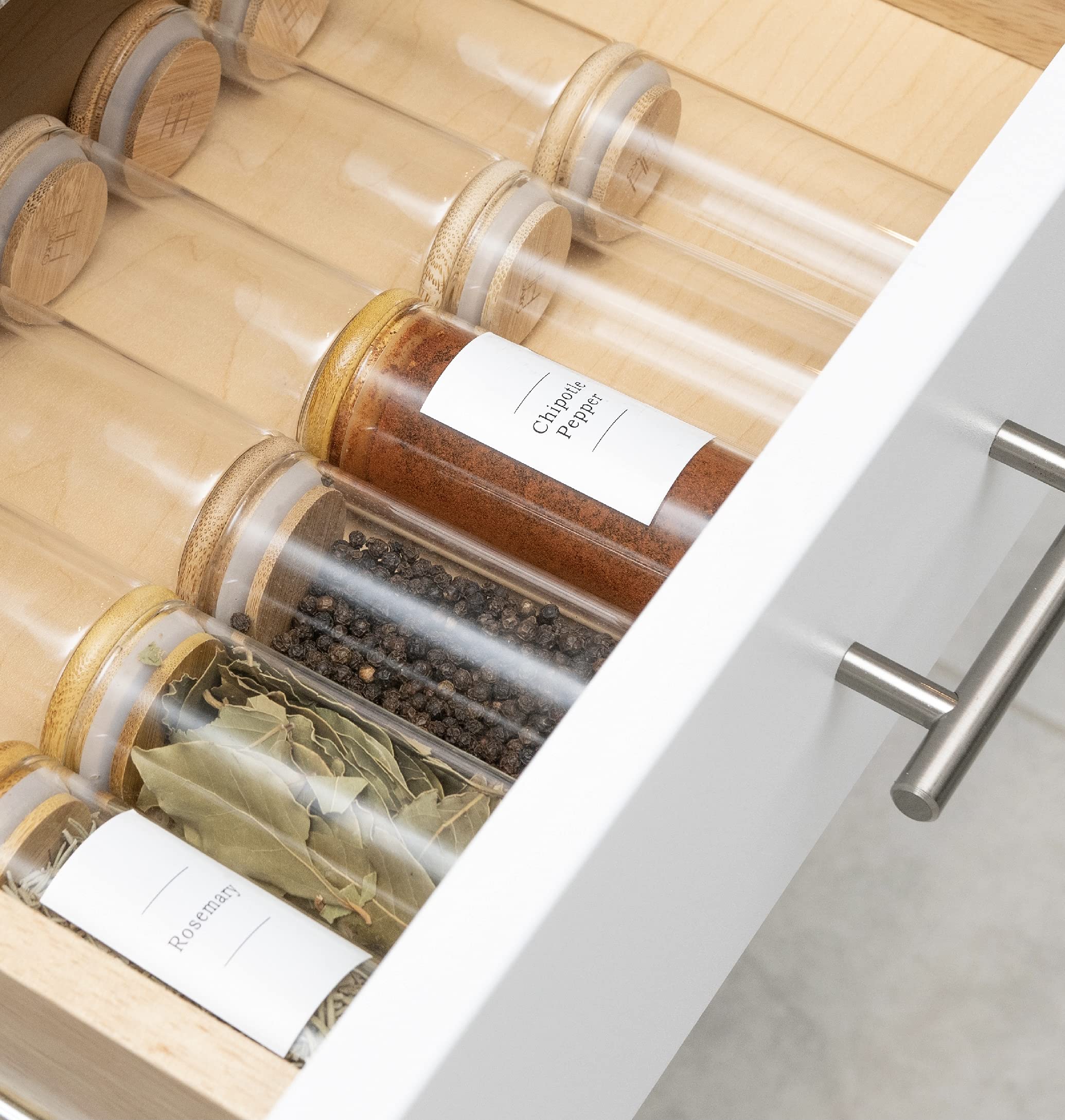 12 Piece- 5oz Eco-friendly Bamboo Lid Glass Spice Jar Set with 84-Minimalist Pre-Printed Waterproof Spice Labels, 16-Blank Labels– For Spices, Seasoning, Herb Storage and Kitchen Organization
