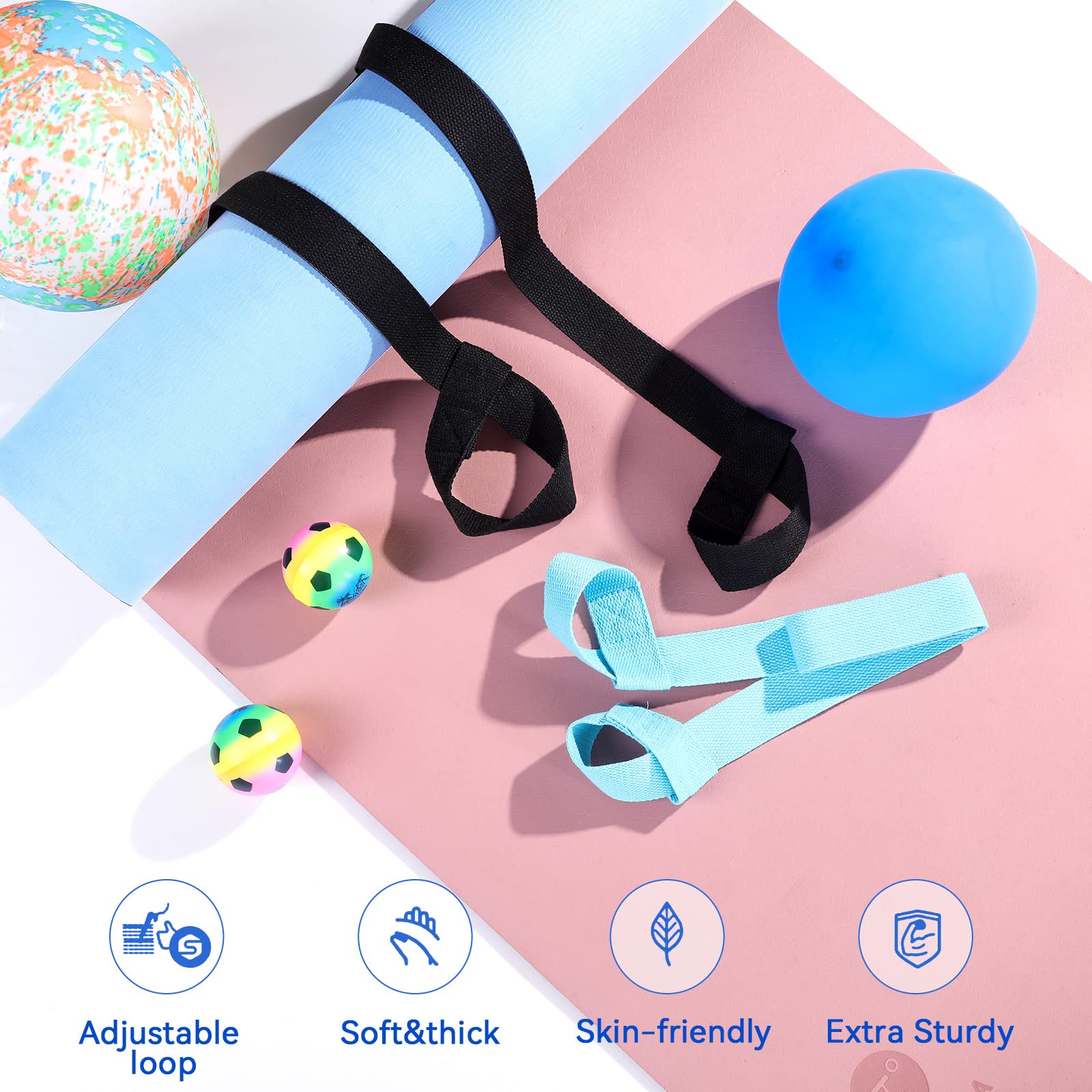 2 Pack Yoga Mat Carrier Strap Adjustable Thick Straps Sling Easy Cinch Yoga Mat Strap Cotton Exercise Mat Stretching Band Multi Purpose Straps for Carrying Large Mats, Light Blue and Black