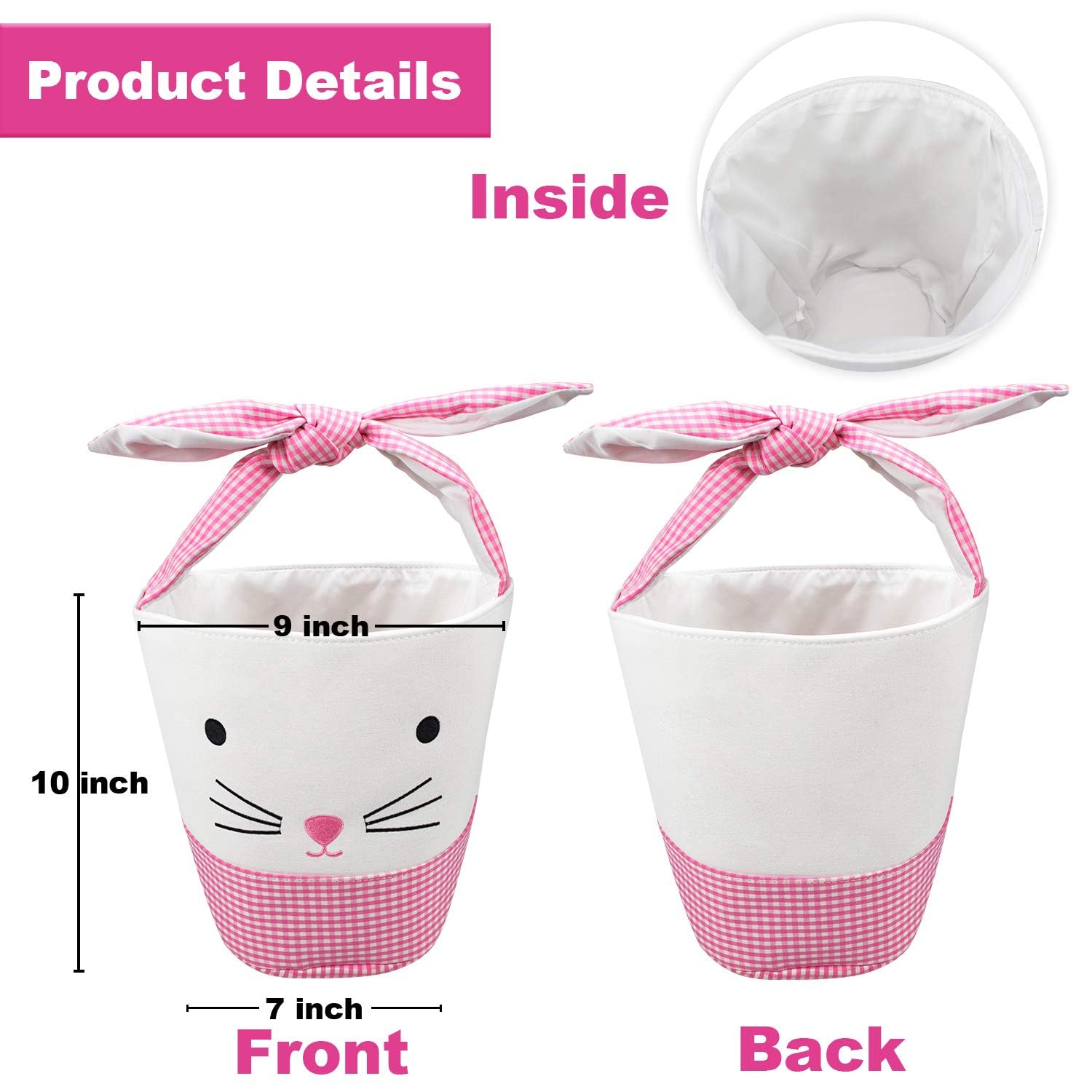 Leesgel Bunny Easter Basket for kids, Easter Basket for Girls Boys Easter Baskets with Handle Easter Bucket Gift Baskets for Kids Easter Basket Bags Party Favors for Kids (Pink)