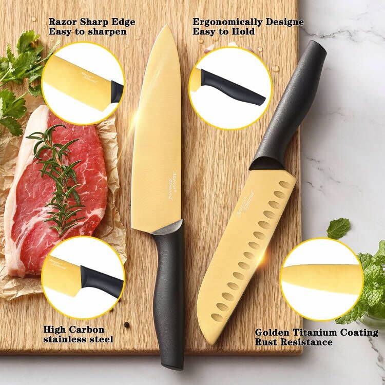 Marco Almond® KYA23 Golden Titanium Knife Set, Kitchen Cutlery Knives Set with Acrylic Stand, Knife Set for Kitchen with Block, For Home & Pro Use, Best Gift, 14 Pieces, Black