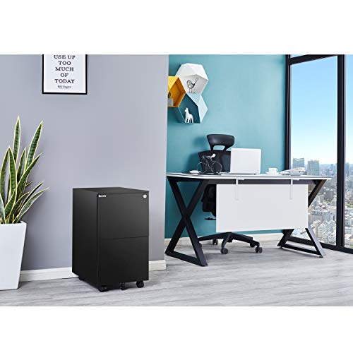 Bonnlo Black 2 Drawer File Cabinet With Lock, Rolling File Cabinet for Home Office, Mobile File Cabinet Under Desk Office Drawers Fully Extension File Cabinet with Pencil Tray, 15.4"W×17.7"D×26.0"H