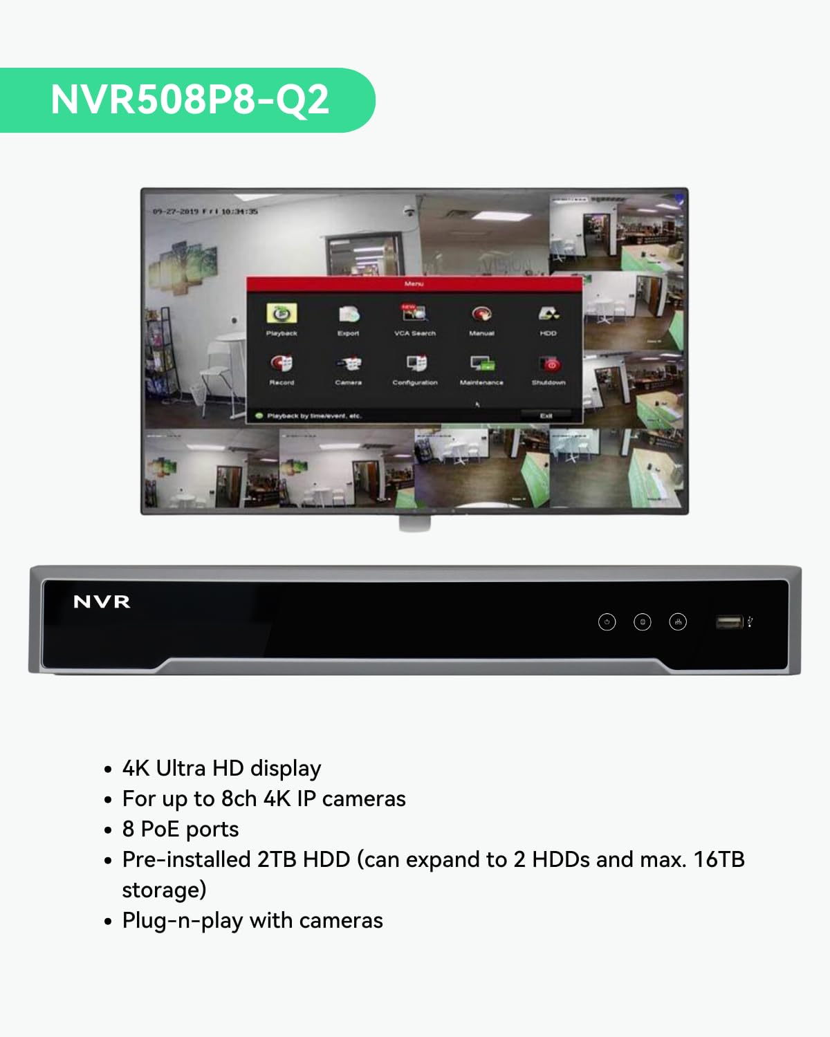 LINOVISION PoE Security Camera System with 8ch 4K POE NVR, (4) 4K Outdoor PoE Dome Cameras with Mic for One Way Audio, Hik Connect or Guarding Vision APP, 2TB HDD, for Business and Home Security