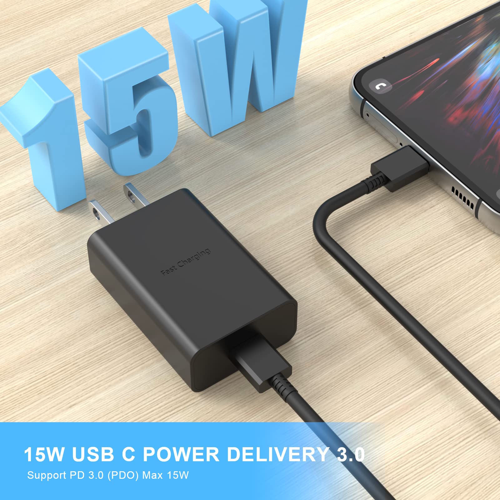15W USB C Charger, 2 Pack 15W Wall Charger Type C with 6.6ft USB-C Fast Charger Cable Compatible for Galaxy S22/S22+/S22 Ultra/S21/S20/S10/S9/S8, Note 20/Note 10, Z Fold3 and More