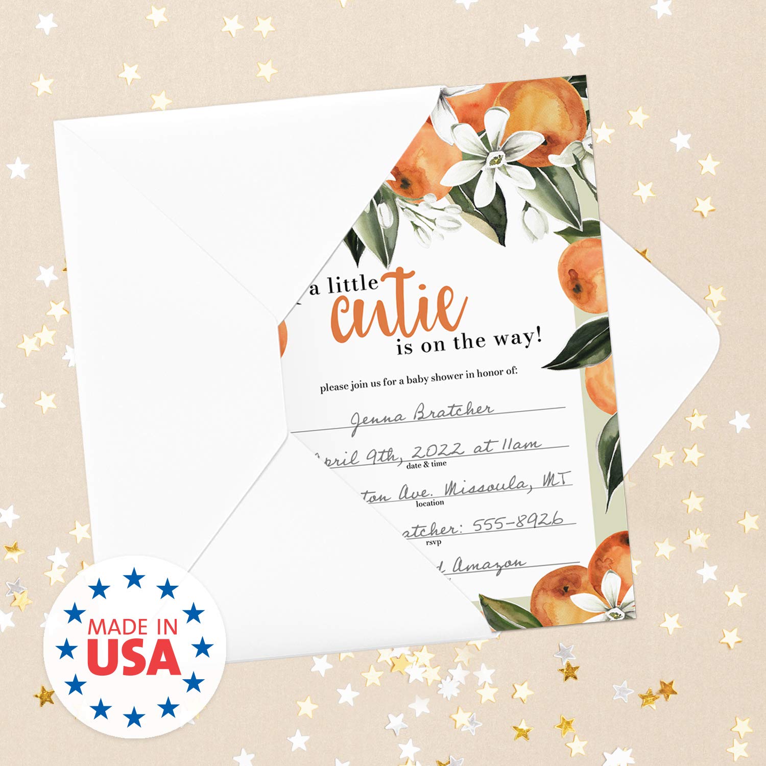 Little Cutie Baby Shower Invites / 25 Baby Shower Invitation Cards With White Envelopes / 5" x 7" Citrus Clementine Fruit New Baby Party Invitations/Fill In Gender Neutral Invite Cards