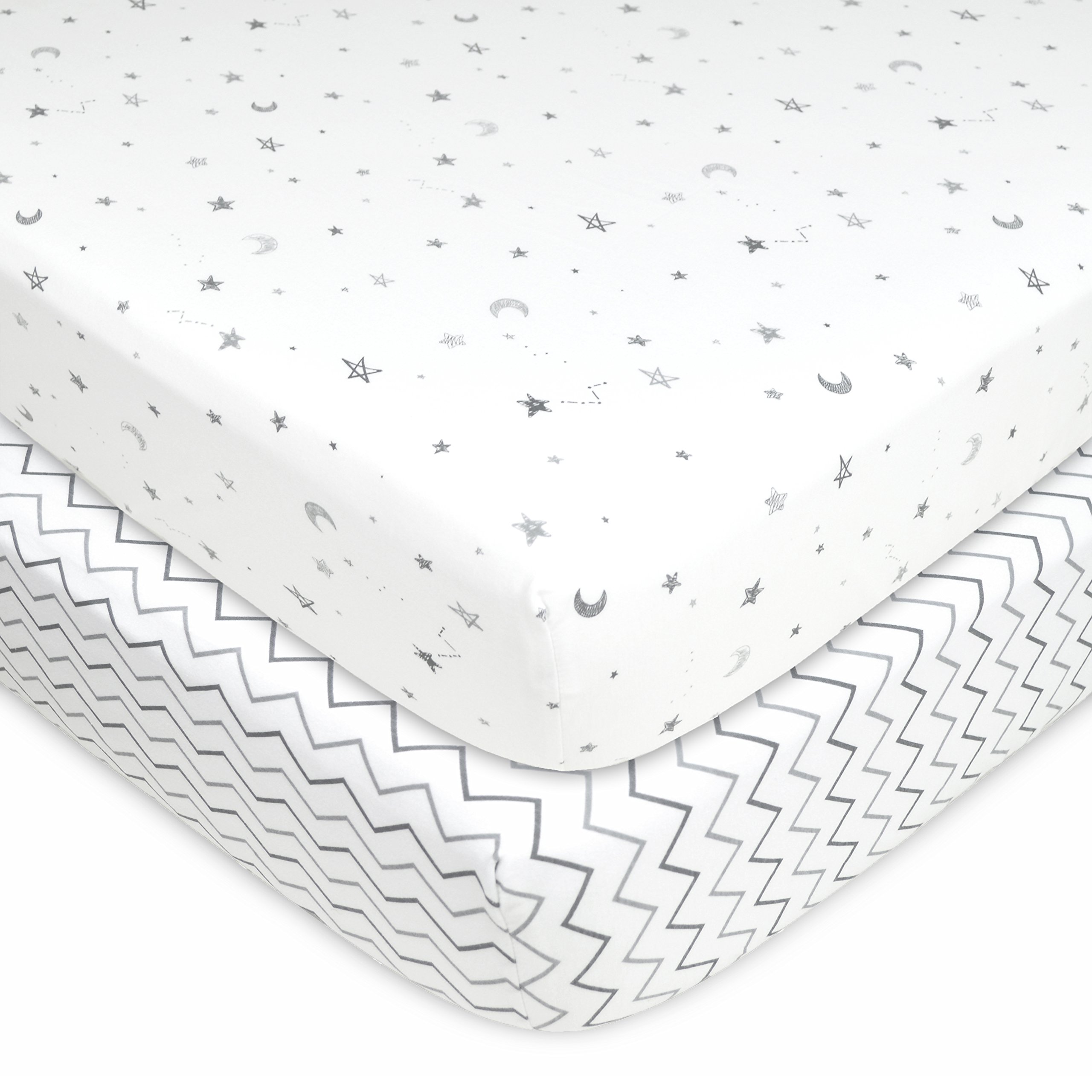 American Baby Company 2 Pack Fitted Pack N Play Playard Sheet 27" x 39", Soft Breathable Neutral 100% Cotton Jersey Pack and Play Sheet, Grey Stars/Zigzag, for Boys and Girls, Fits Most Mini Crib