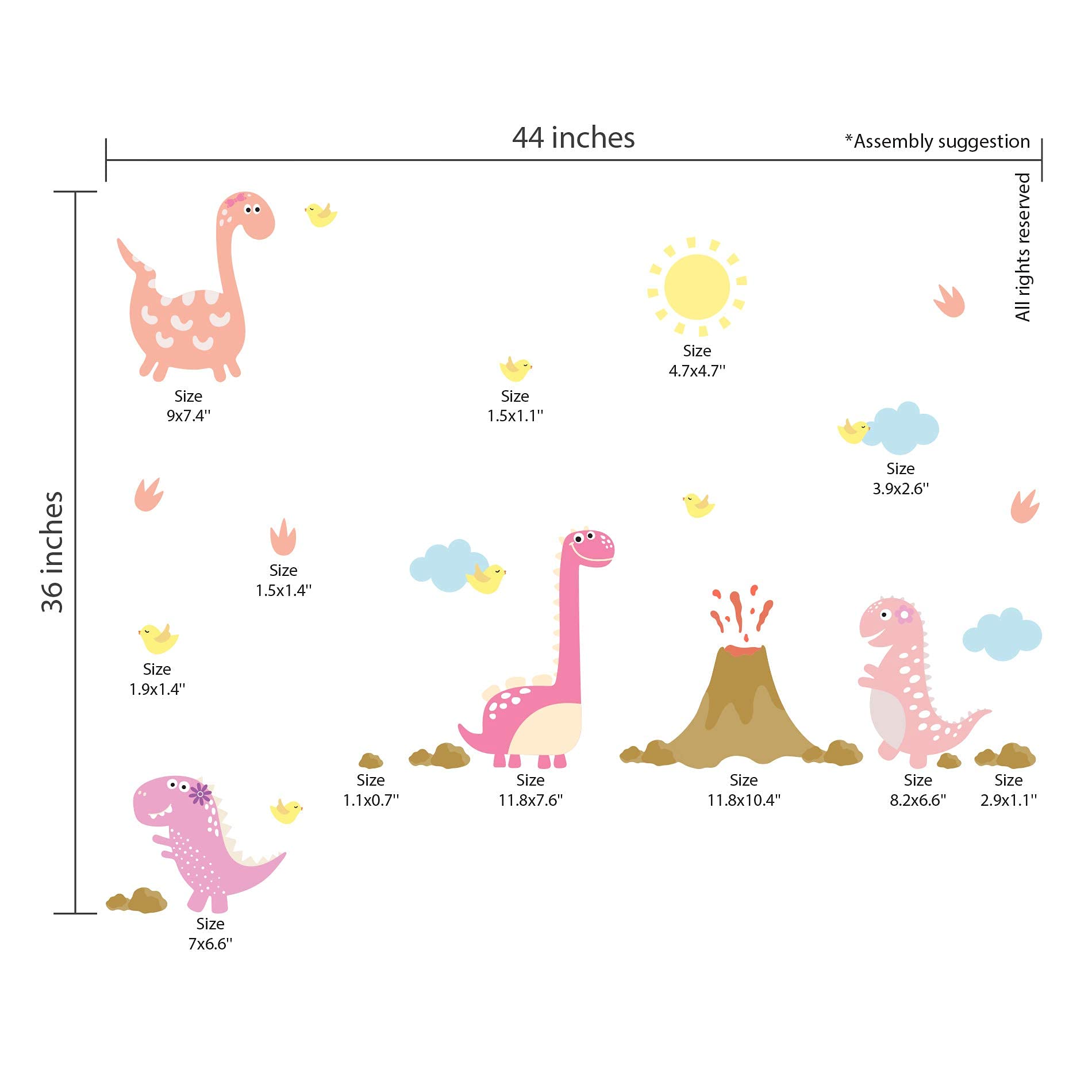 Dinosaurs Wall Decals for Girls Bedroom 27pcs - Rooms and Stickers