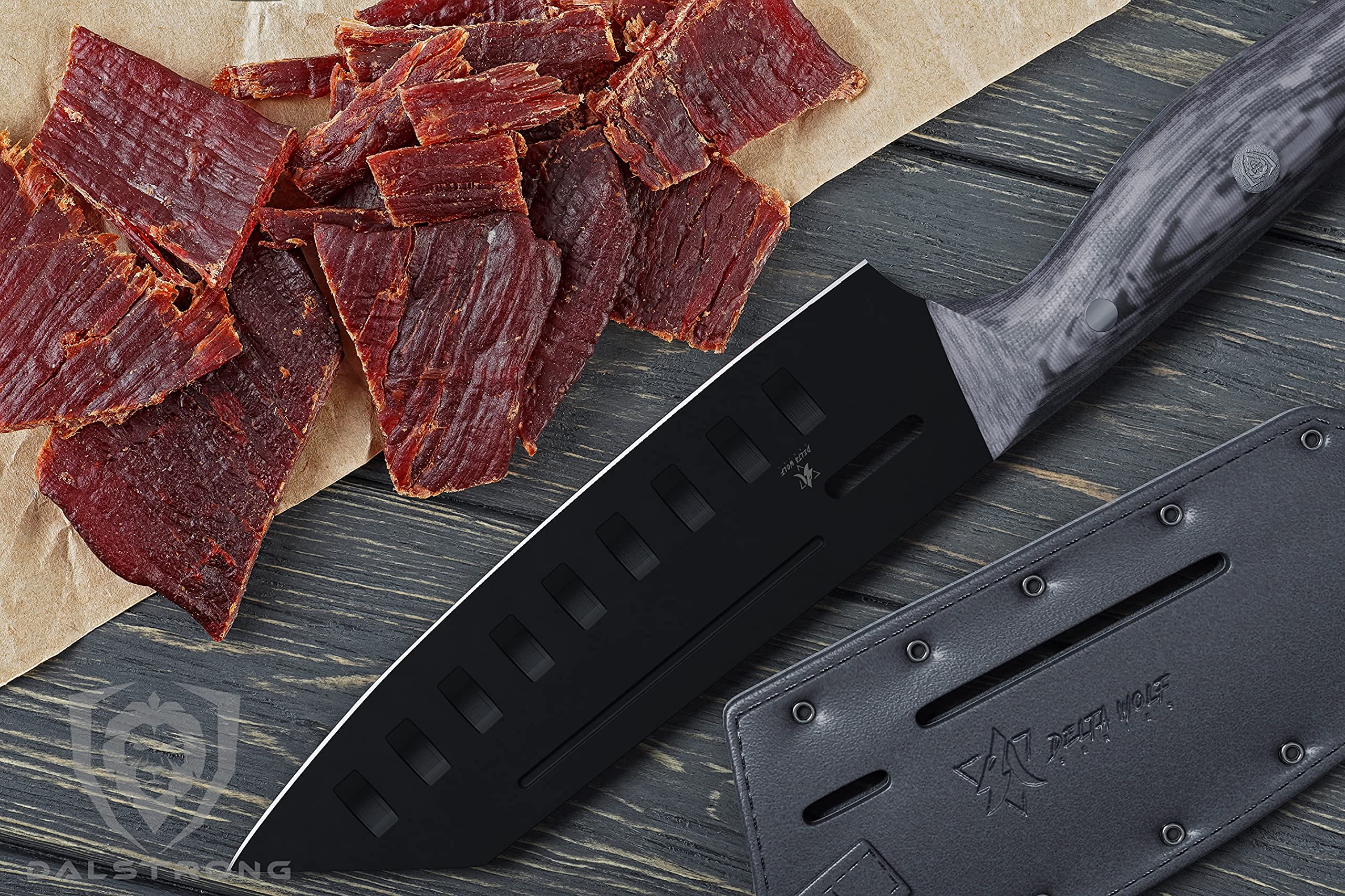 Dalstrong Santoku Knife - 7 inch - Delta Wolf Series - Ultra-Thin & Zero Friction Blade - Black Titanium Nitride Coating Vegetable Kitchen Knife - G10 Camo Handle - Leather Sheath