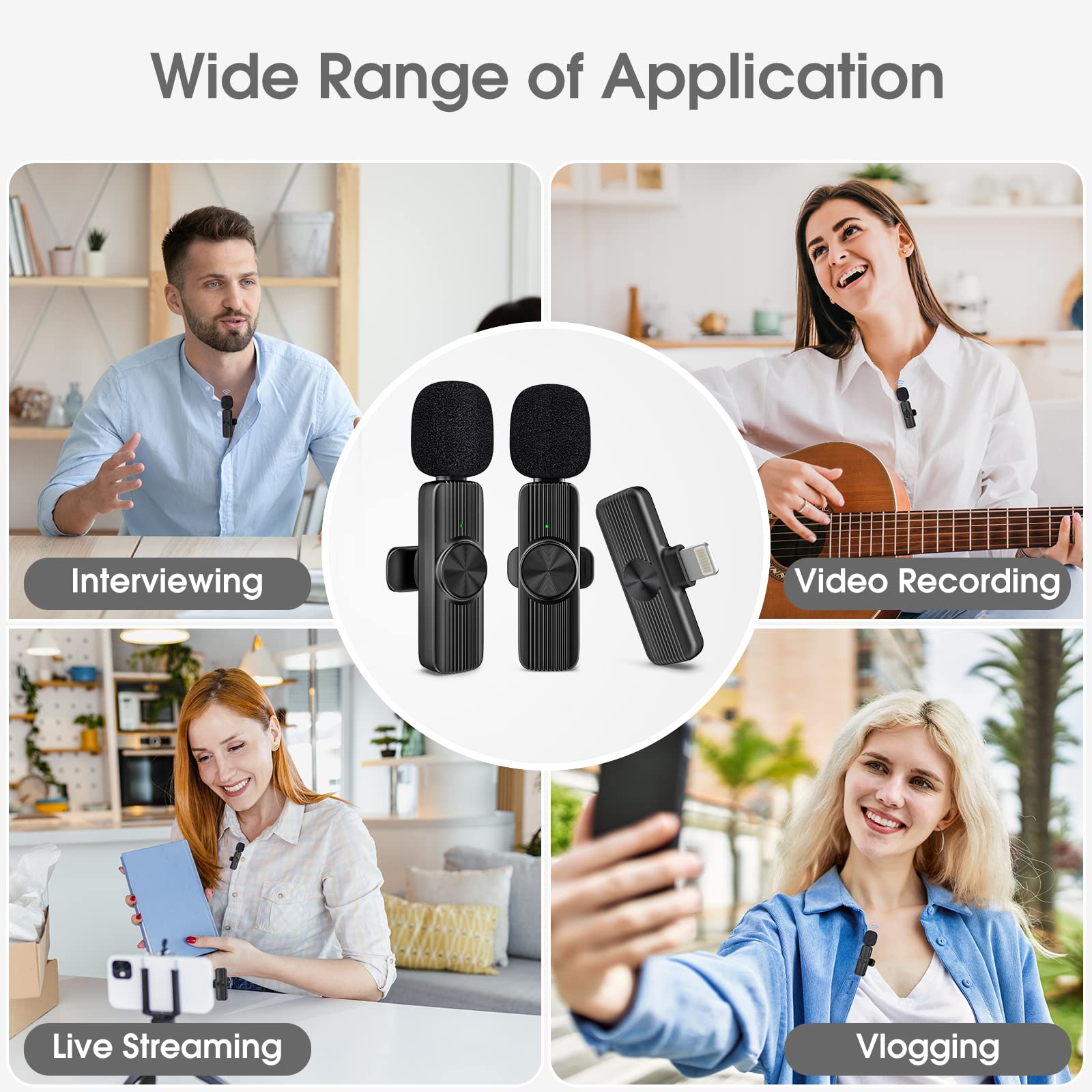 2 Pack Wireless Lavalier Microphone for iPhone iPad, Noise Reduction Cordless Omni Lapel Mic, Clip on Microphone for Video Recording, YouTube, Facebook,TikTok, Interview Livestream & Podcast
