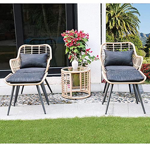 JOIVI 5 Piece Outdoor Wicker Furniture Set, Rattan Bistro All Weather Conversation Set with Ottoman and Coffee Side Table