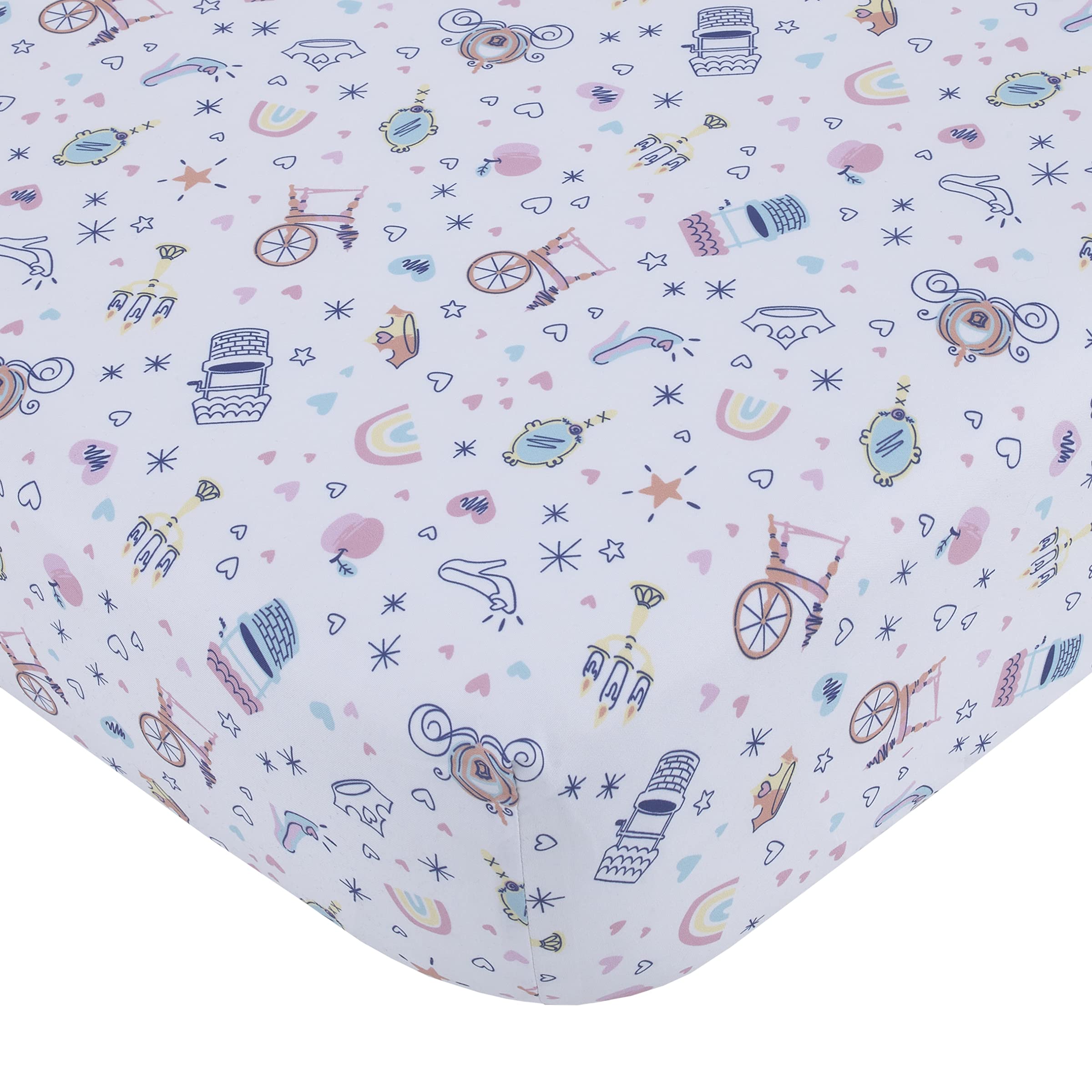 Disney Little Princess Pink, Blue, Yellow and White Stars and Hearts Cinderella, Snow White, Belle and Aurora 6 Piece Nursery Crib Bedding Set