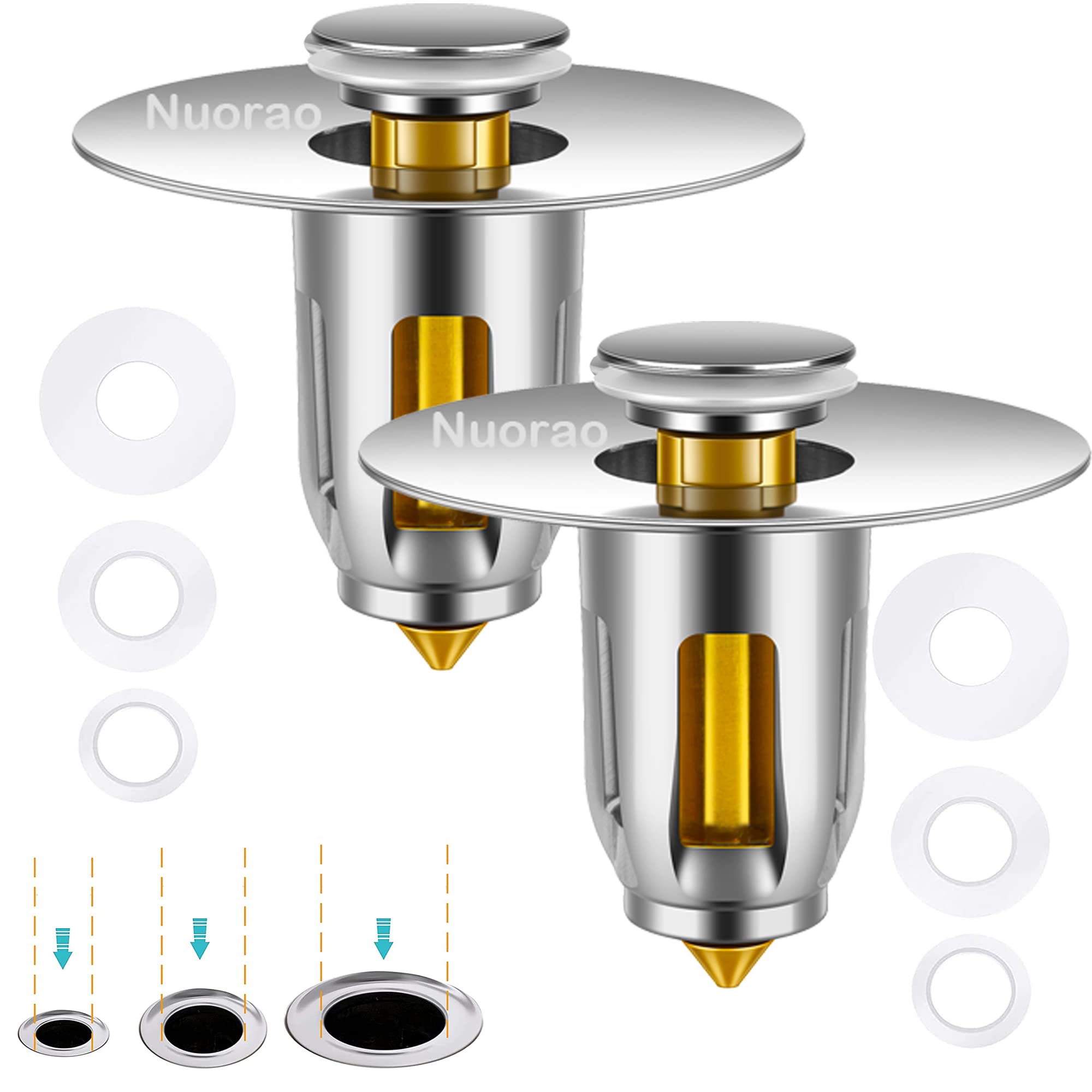 2 Pack Universal Bathroom Sink Stopper, Basin Pop-Up Drain Filter, Bathroom Push-Type Spring Core Sink Stopper, Bathroom Sink Drain Strainer with Basket Hair Catcher, for 1.02~1.96 Inch Drain Holes