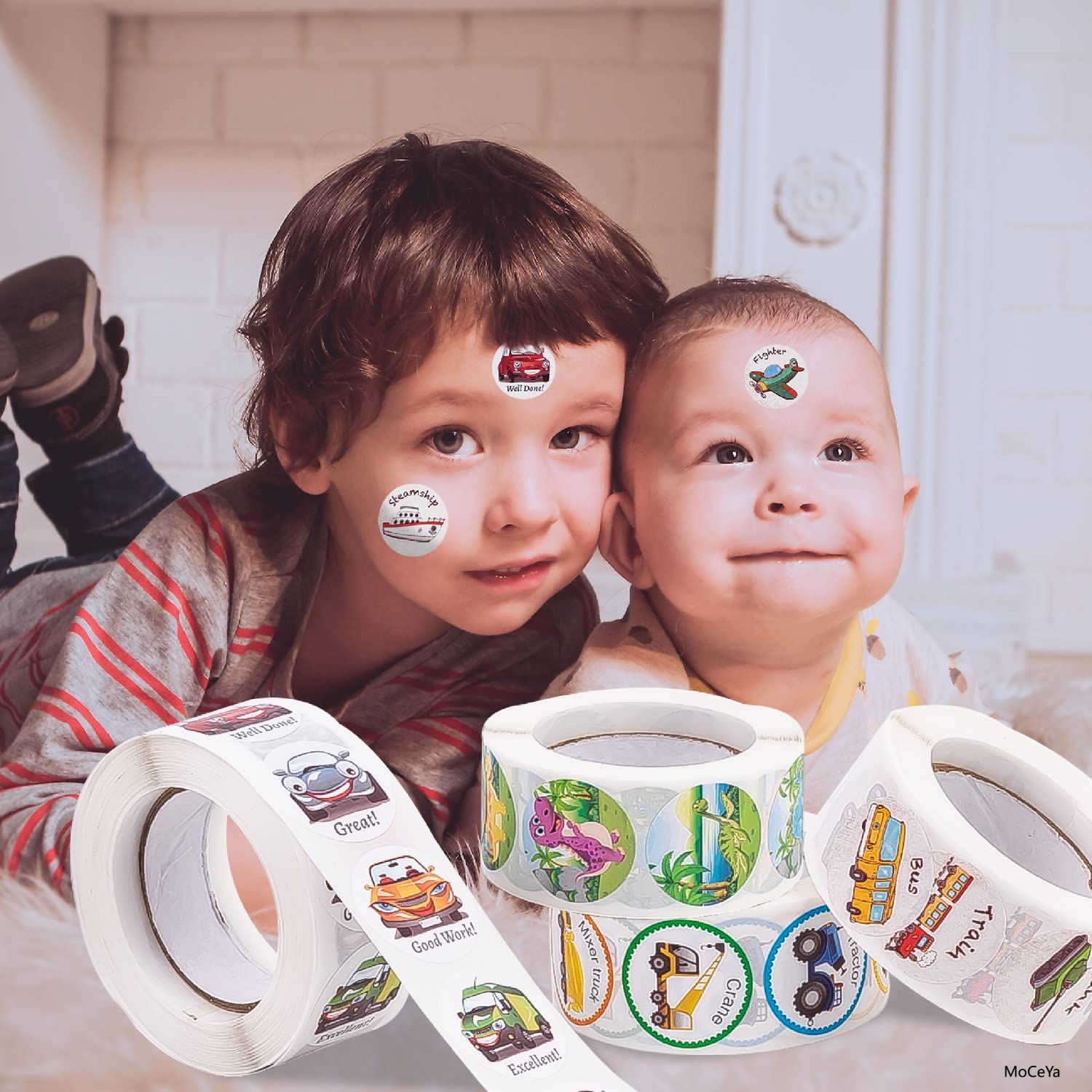 2000 Pcs MoCeYa Stickers for Kids School Stickers Potty Training Stickers 4Rolls 32Designs 1inch (2000 Construction Dino Stickers)