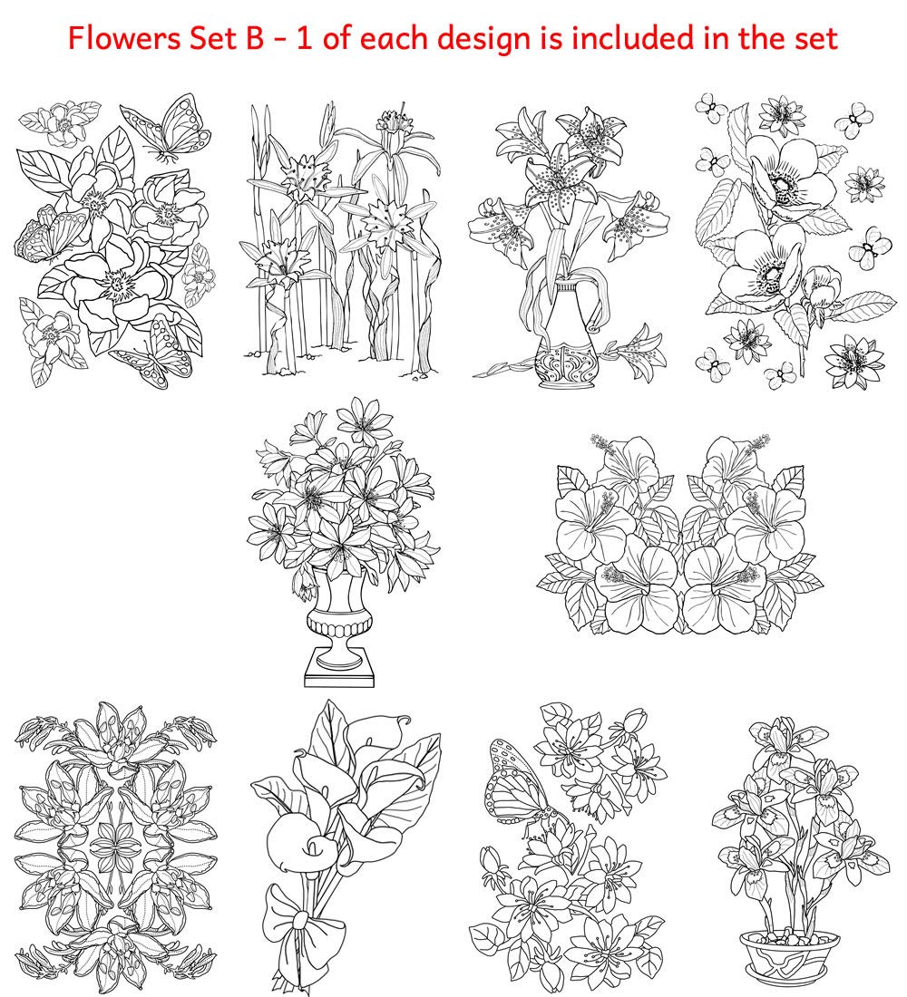 Art Eclect Adult Coloring Flower Greeting Cards for Birthdays, Anniversary, Thank You and Sympathy Cards (10 Cards and 10 Envelopes, Set Flowers B/Pink)