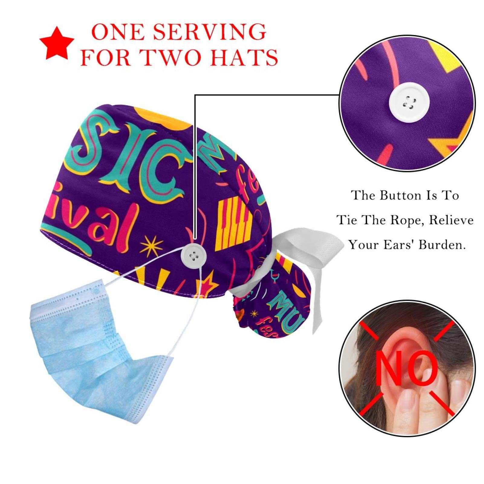 2 Packs Adjustable Working Hats with Button and Sweatband for Women, One Size，Music Festival Instrument Guitar Violin Drum Jazz