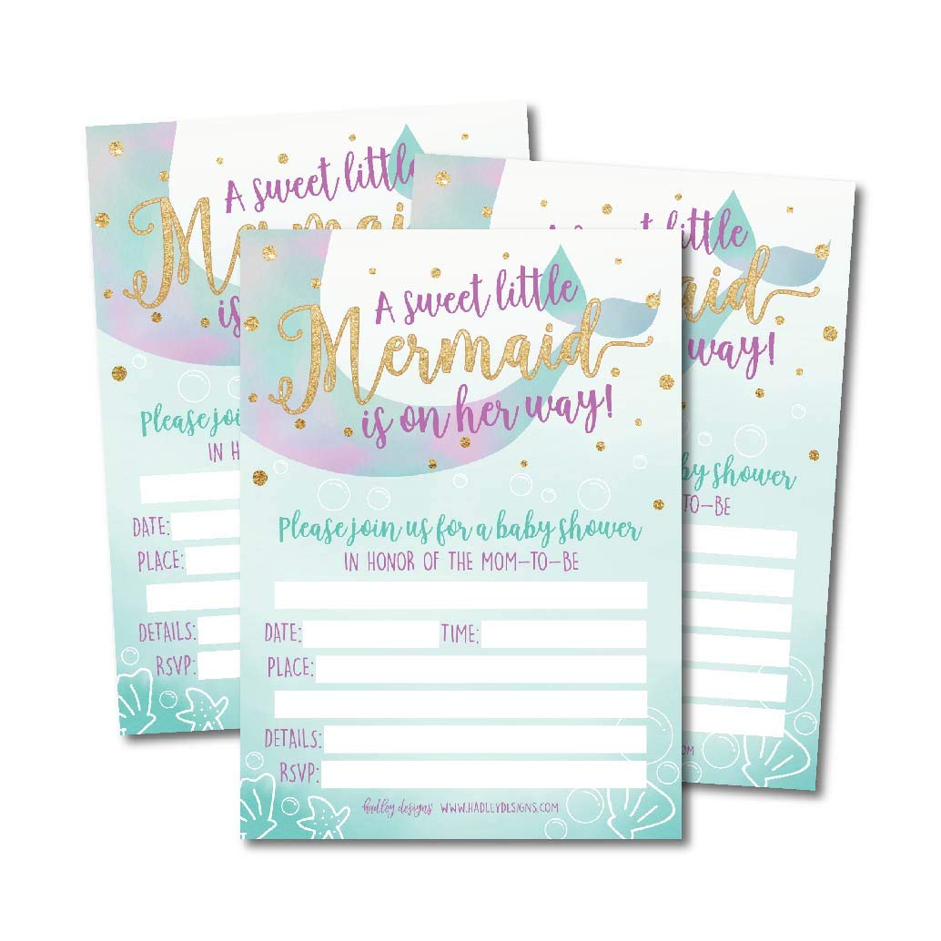 25 Mermaid Baby Shower Invitations, Sprinkle Invite for Girl, Under The Sea Nautical On Her Way, Cute Gold Printed Fill or Write in Blank Printable Card, Unique Modern Coed Twin Party Paper Supplies