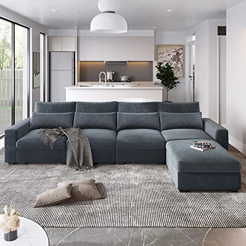 130" 5 Seaters Modular Deep Seat Down Feather Filled Sectional Sofa Couch with 4 Waist Pillows for Home Office Apartment Living Room Furniture Sets ,L-Shaped Corner Sofa&Couch Movable Ottoman/Chaise