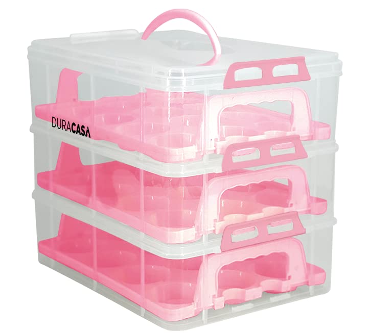 DuraCasa Cupcake Carrier, Cupcake Holder - Premium Upgraded Model - Store up to 36 Cupcakes or 3 Large Cakes - Stacking Cupcake Storage Container - Cookie, Muffin or Cake Carrier (Pink, Three Tier)