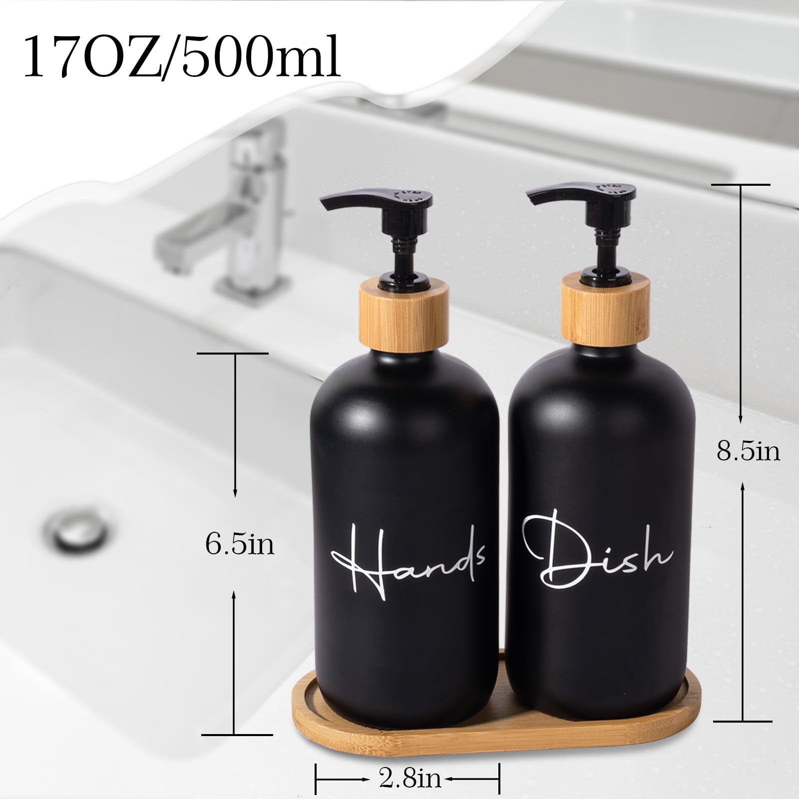 17 oz Hand Soap Dispenser Empty Glass Lotion Pump Bottles, Refillable Liquid Dish Soap Bottles for Bathroom, Kitchen Sink, Black, 2 Pack