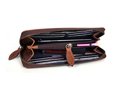 Aaron Leather Goods Women's RFID Blocking Large Capacity Leather Wallet Zip Around Phone Clutch Large Travel Purse Wristlet (Walnut)