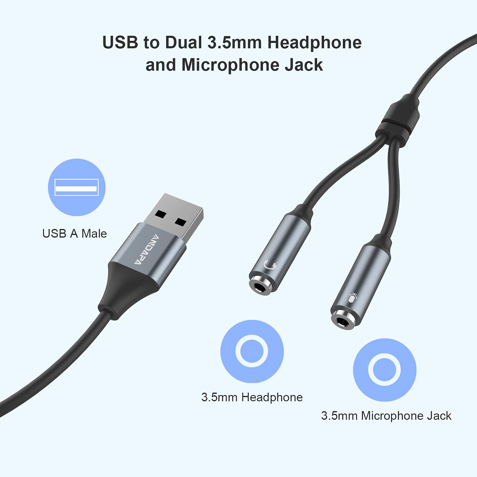 USB Headset Adapter,ANDAPA USB Audio Adapter Stereo External Sound Card with 3.5mm Headphone and Microphone Jack for Windows Mac Linux PC Laptops Desktops PS5