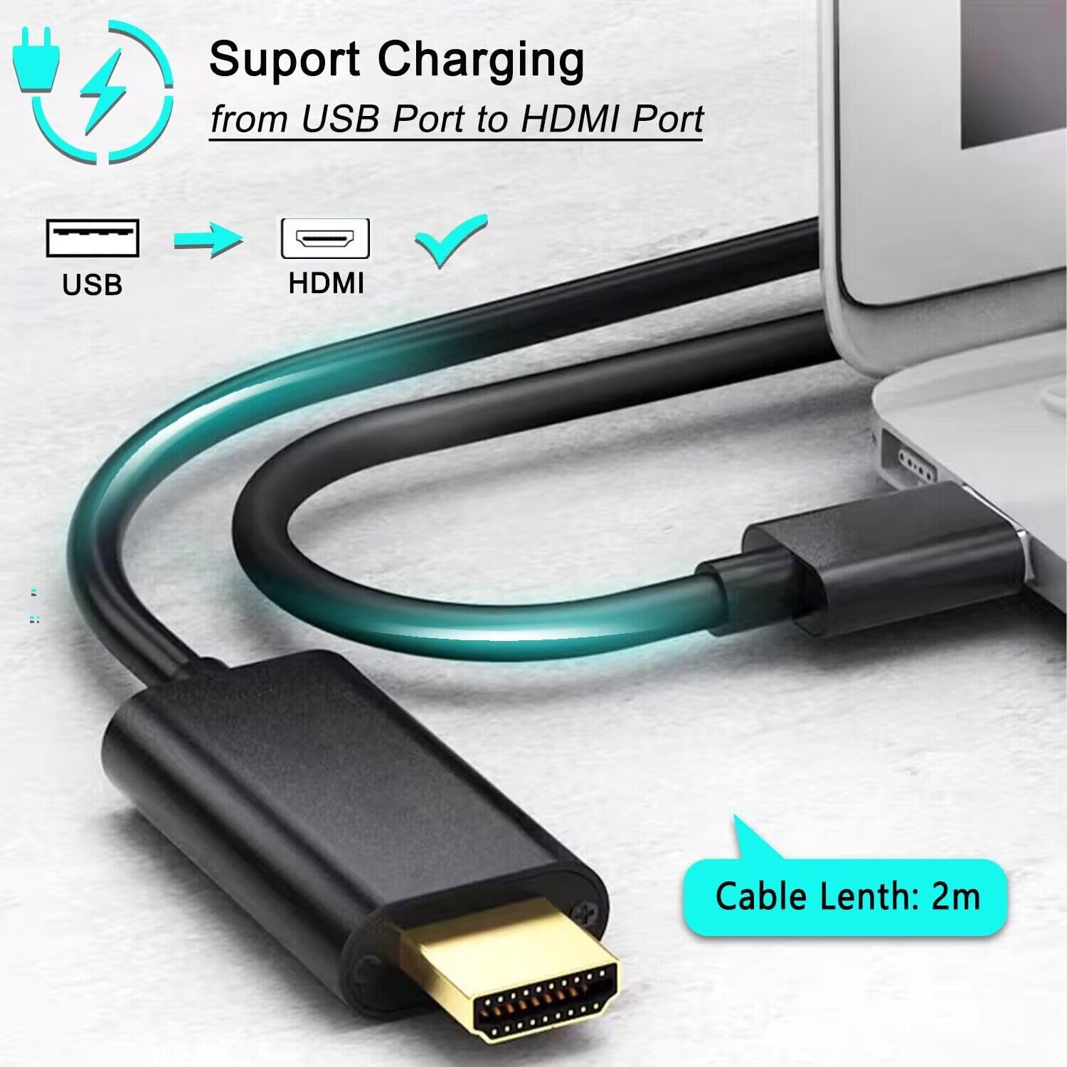 USB to HDMI Adapter Cable, 6.6FT USB to HDMI Male Cable, 1080P HD Monitor Display Audio Video Converter Cable Cord, Only Support Windows XP/7/8/8.1/10 Systems
