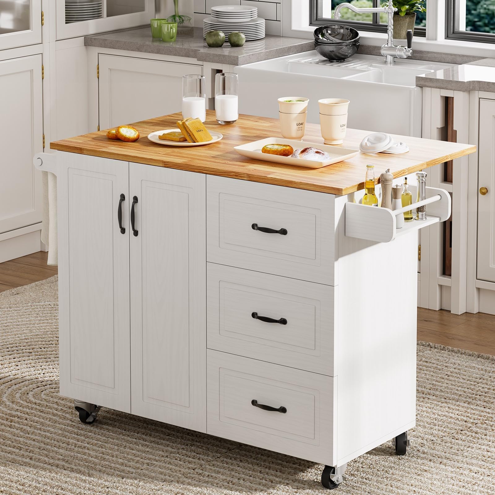 4 EVER WINNER Kitchen Island Cart with Drop Leaf & 3 Drawers, 43β Kitchen Island with Storage Cabinet on Wheels, Spice Rack, Towel Rack, Rolling Kitchen Island Table Breakfast Bar for Kitchen, White