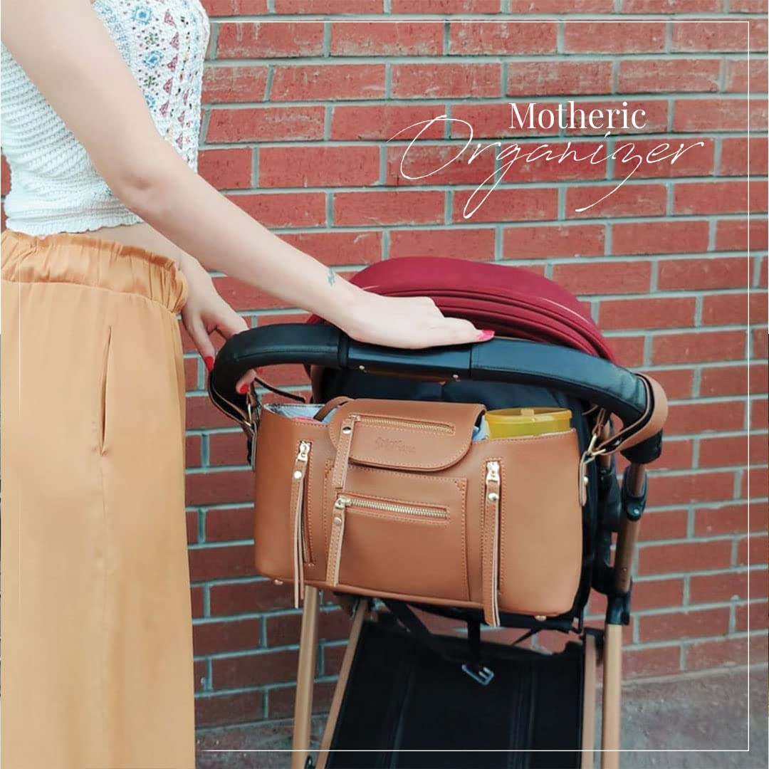 motheric Brown Leather Universal Stroller Organizer Shoulder bag with insulated cup holder, Shoulder strap - Parent console Caddy with strollercup holder