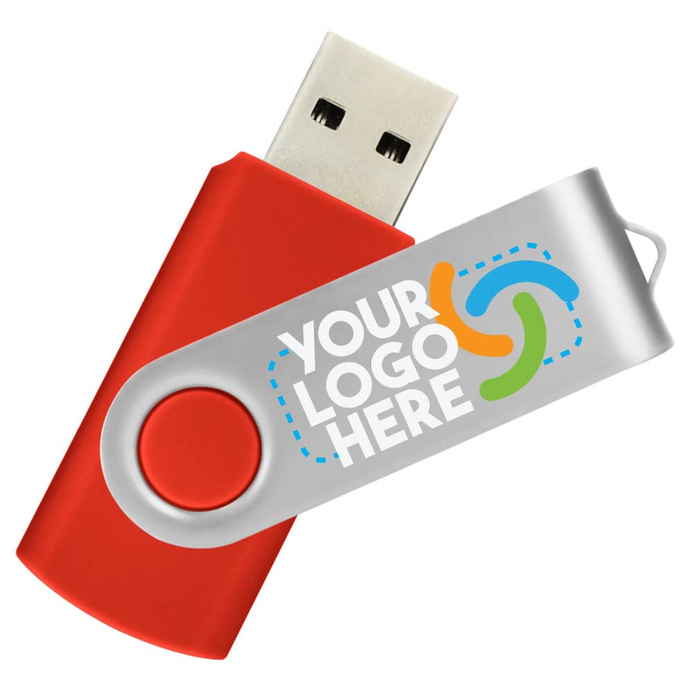 128MB Custom USB Flash Drives Personalized with Your Logo - for Promotional Use - Swivel - Red Body/Silver Clip - 50 Pack