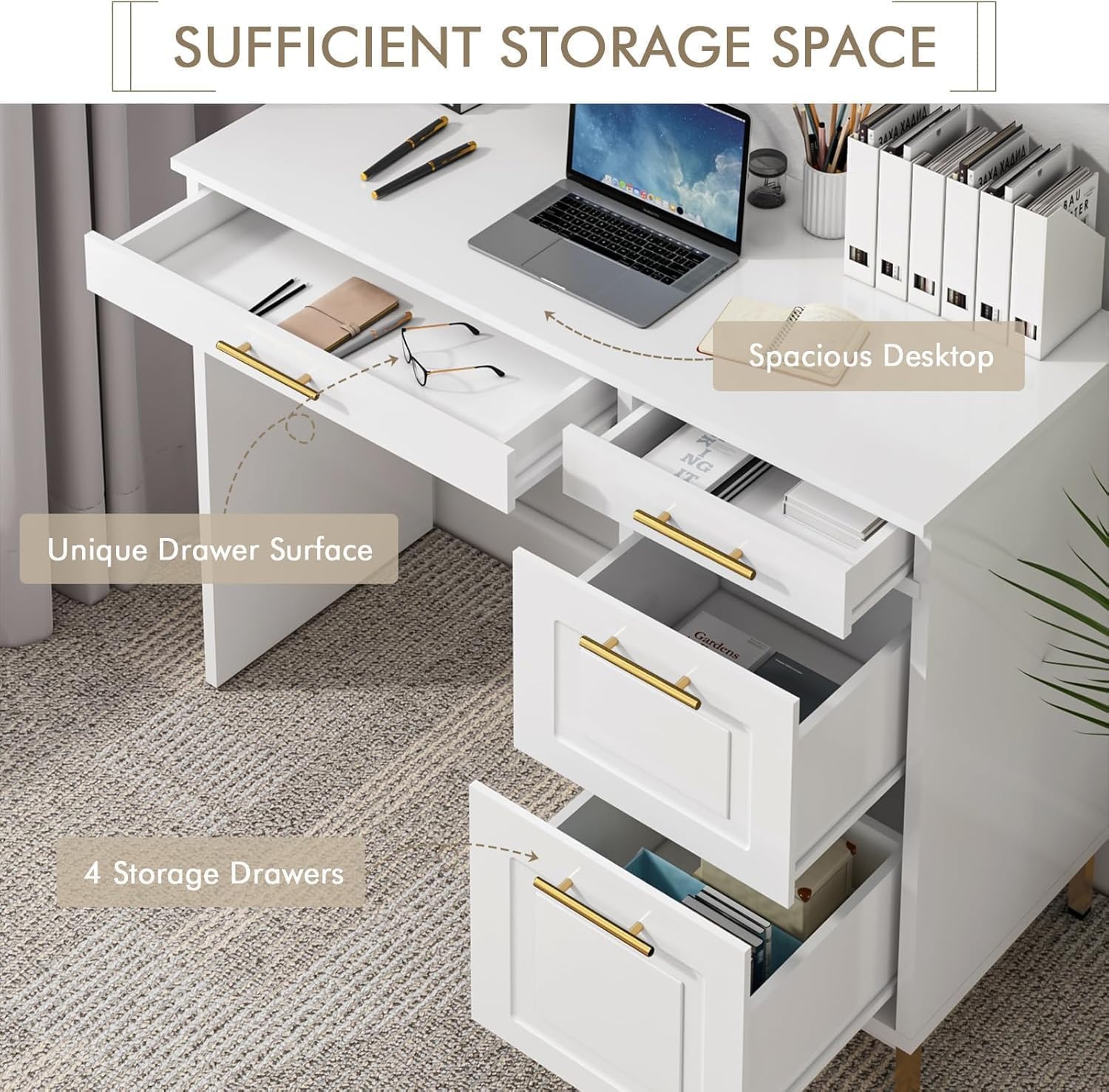 4 EVER WINNER Small Desk with Drawers and Golden Handles, 43" White Desk with Drawers, Wood Writing Study Table with Storage, White and Gold Desk for Small Spaces, White