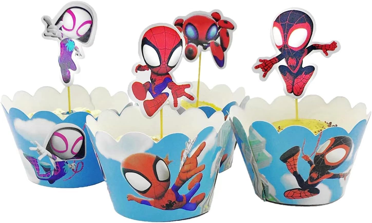 12 Pcs Spider and His Friends Cupcake Decorations, Double Sided Toppers and Wrappers, Superhero Decorations, Boys and Girls Birthday Party Supplies
