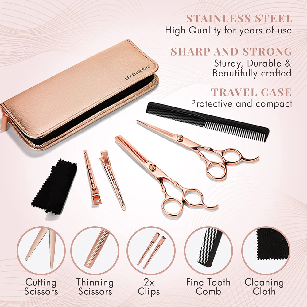Hair Cutting Kit for Women - Barber Hair Cutting Scissors and Thinning Shears with Comb, Clips and Case by Lily England (Rose Gold)
