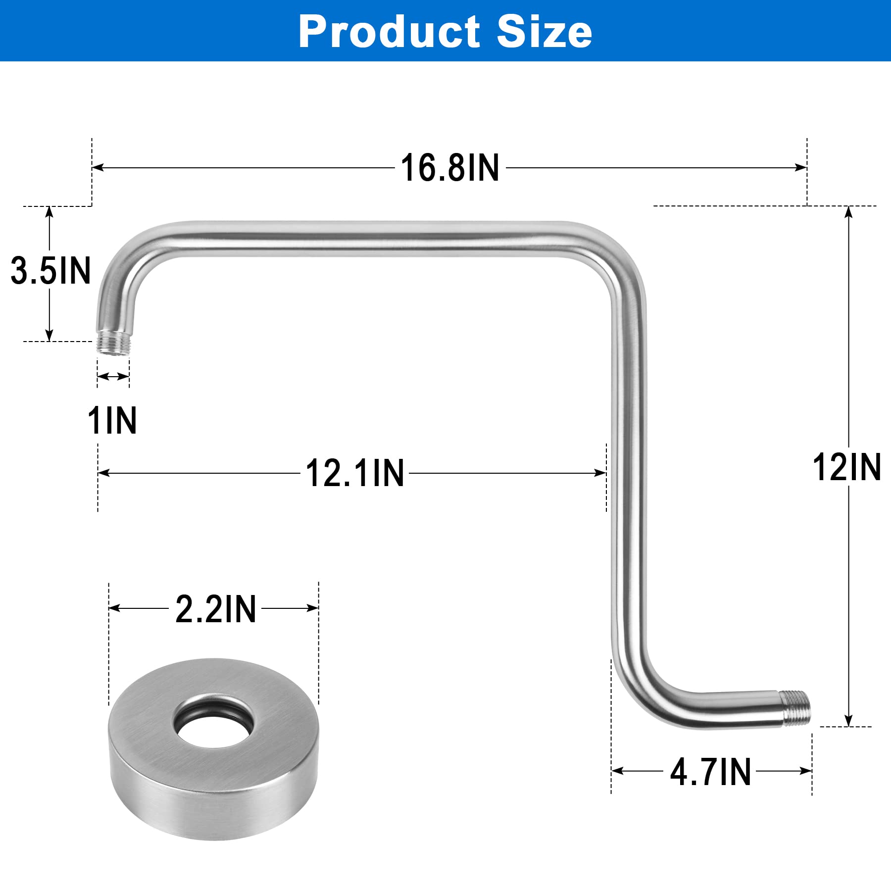 16.8 Inch S Shaped Shower Arm Height Extender Rainfall Head High Rise Shower Arm with Flange and Teflon Tape,304 Stainless Gooseneck Shower Arm Standard 1/2" Connection for Bathroom Accessory (Chrome)