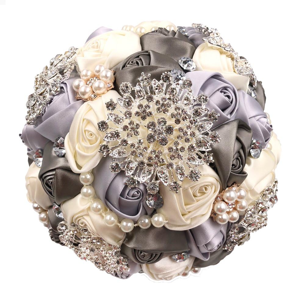 Abbie Home Advanced Customization Romantic Bride Wedding Holding Toss Bouquet Rose with Pearls and Rhinestone Decorative brooches Accessories- (Grey + Creamy White)