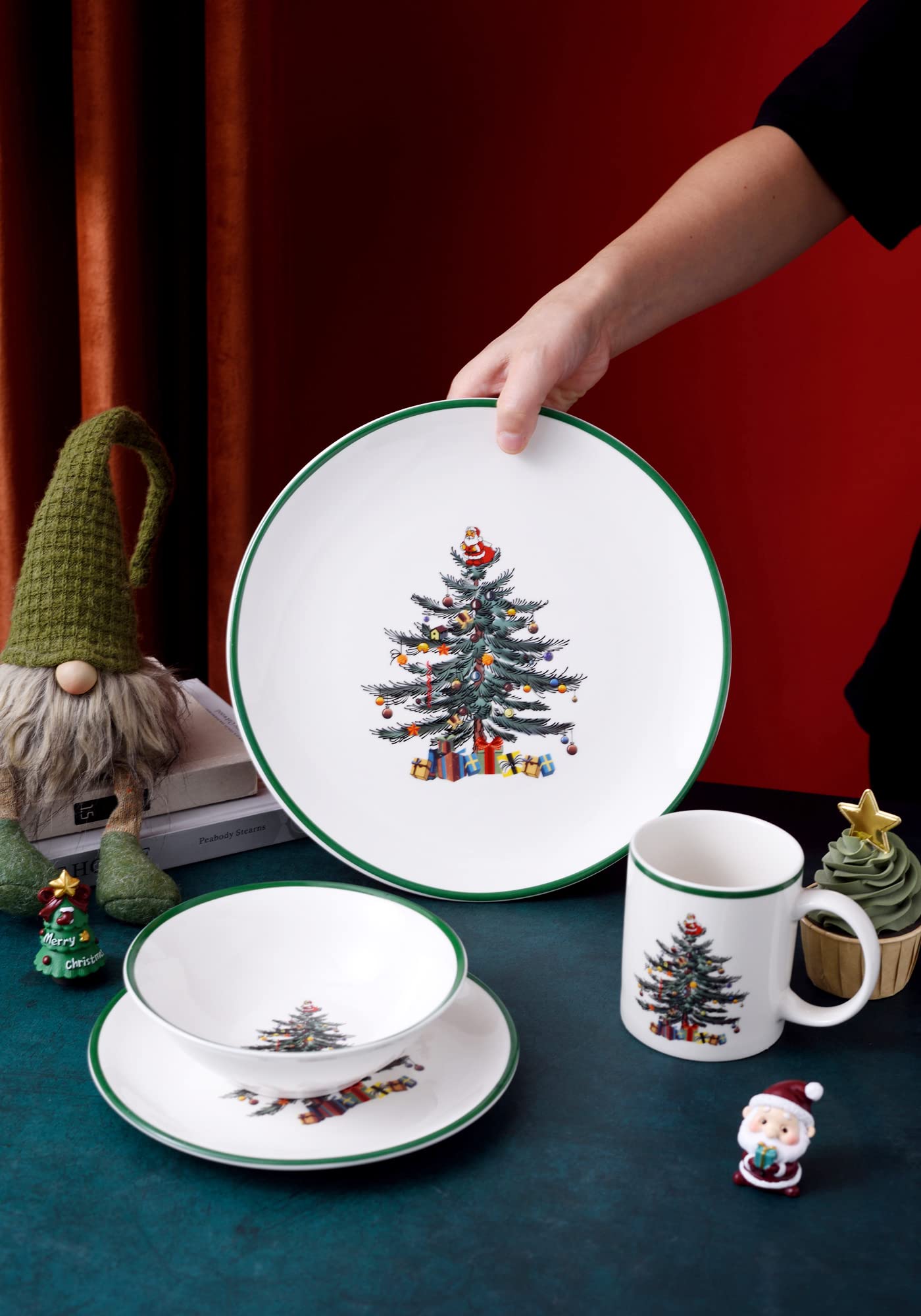 16 Piece Christmas Dishes Dinnerware Sets, Christmas Tree Dinnerware Set with Green Edge, Christmas Porcelain Dinnerware Set for Christmas (4×10.5 Inch Plates, 4×8 Inch Plates, 4×Bowls, 4×Mugs)