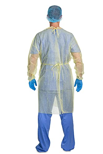 Disposable Isolation Gown | Yellow | One Size Fits All | Fluid Resistant Protective Gowns (10 Pack)