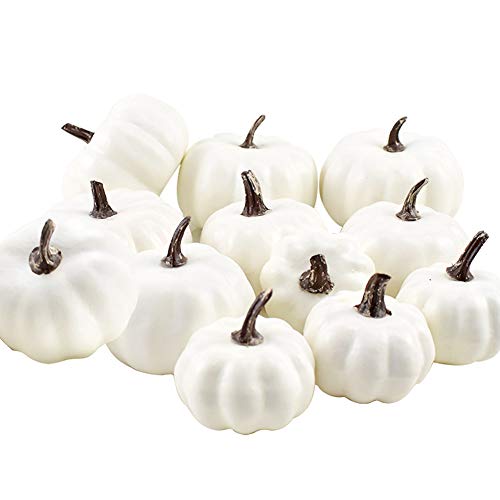 12 PCS White Artificial Pumpkins for Halloween Decoration, Fall Thanksgiving Home Garden Harvest Decor Embellishing and Displaying Party Supplies
