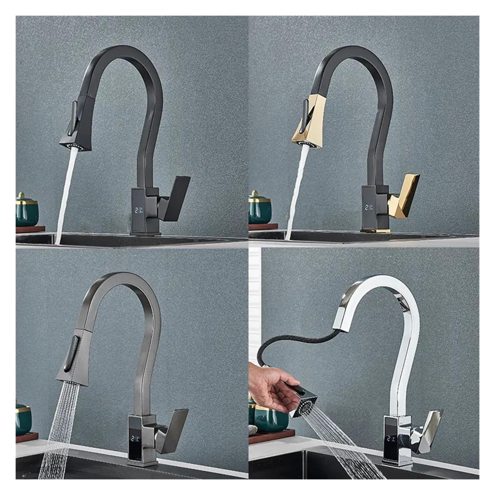 1PCS Pull-Out Kitchen Faucet Digital Temperature Display Sink Faucet Kitchen Mixer Faucet Brass Mixer Faucet Crane 360 Degree Rotation (Color : Chrome)