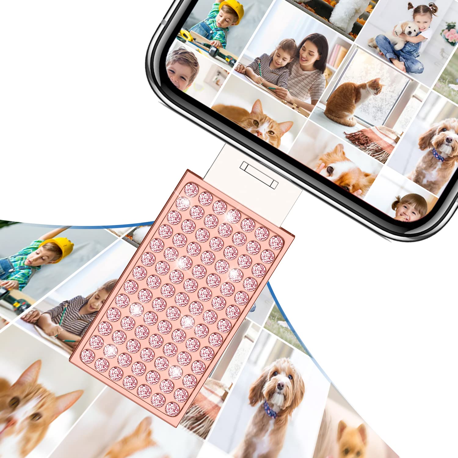 4 in 1 Photo Stick, 128GB USB Flash Drive for Phone, USB 3.0 Memory Stick, Thumb Drive External Phone Photo Storage for Smartphone Android Mac PC Smartphone Type C (128GB, Pink+White)