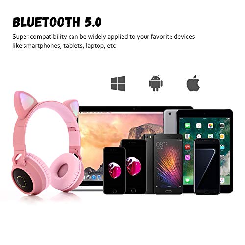 Luckyu Kids Bluetooth 5.0 Cat Ear Headphones Foldable On-Ear Stereo Wireless Headset with Mic LED Light and Volume Control Support FM RadioTF CardAux in Compatible with Smartphones PC Tablet (Red)