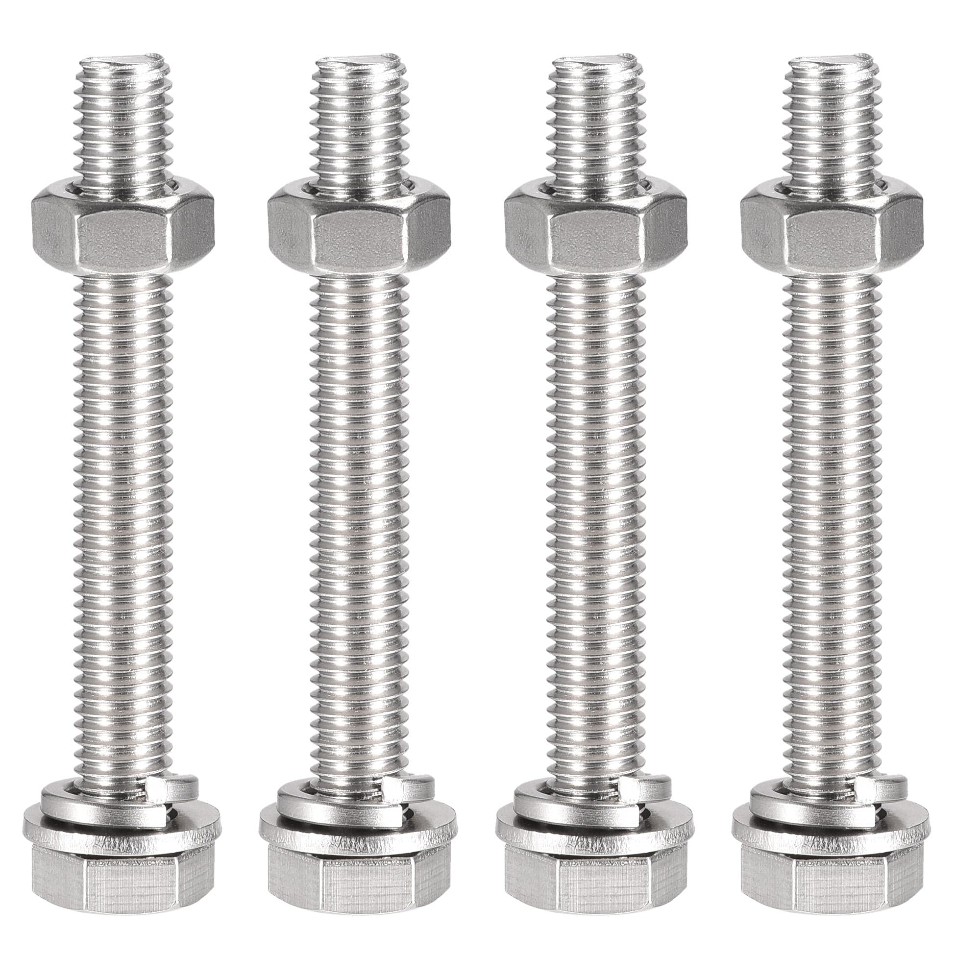 uxcell M10 x 80mm Hex Head Screws Bolts, Nuts, Flat & Lock Washers Kits, 304 Stainless Steel Fully Thread Hexagon Bolts 4 Sets