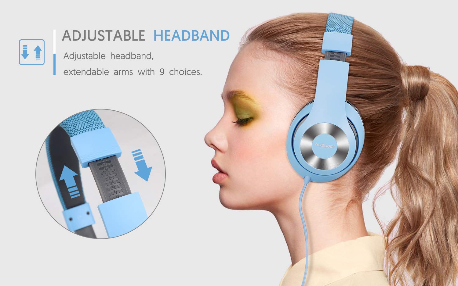 AUSDOM Lightweight Over-Ear Wired HiFi Stereo Headphones with Built-in Mic Comfortable Leather Earphones- Blue